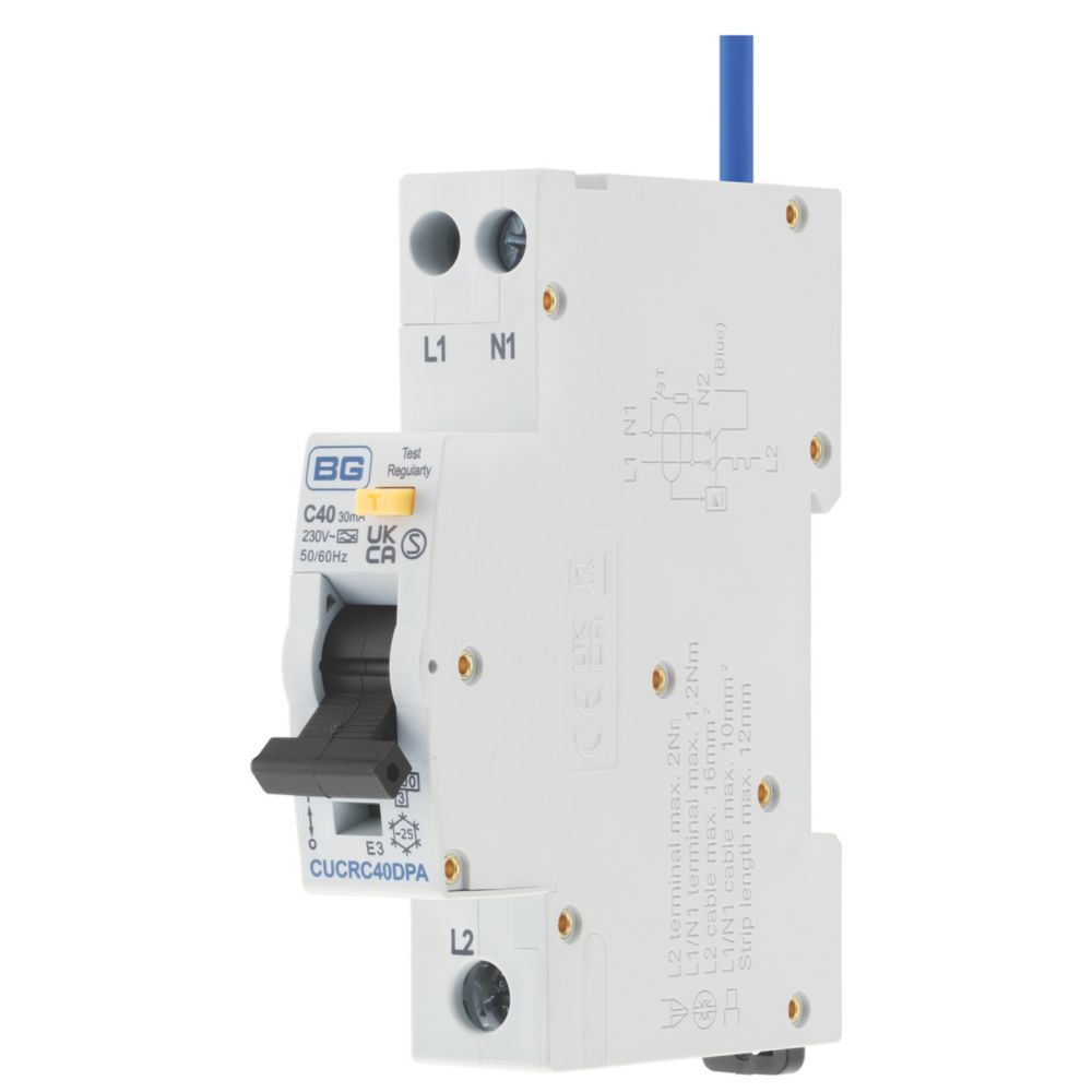 British General 40A 30mA Type A DP C Curve Bidirectional RCBO Double Pole - Screwfix