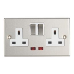 Contactum Iconic 13A 2-Gang DP Switched Socket Outlet Brushed Steel with Neon with White Inserts ...