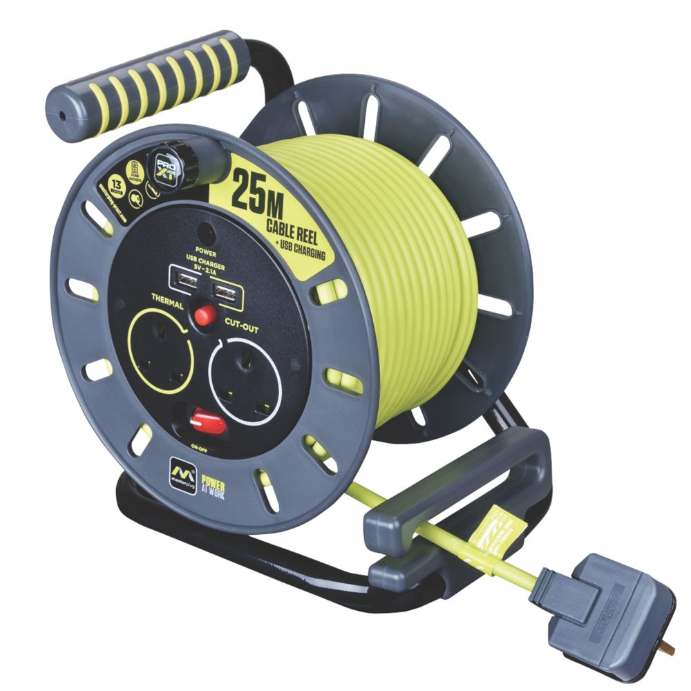 PRO XT 13A 2-Gang 25m Cable Reel + 2.1A 2G Type A USB Charger 240V ...