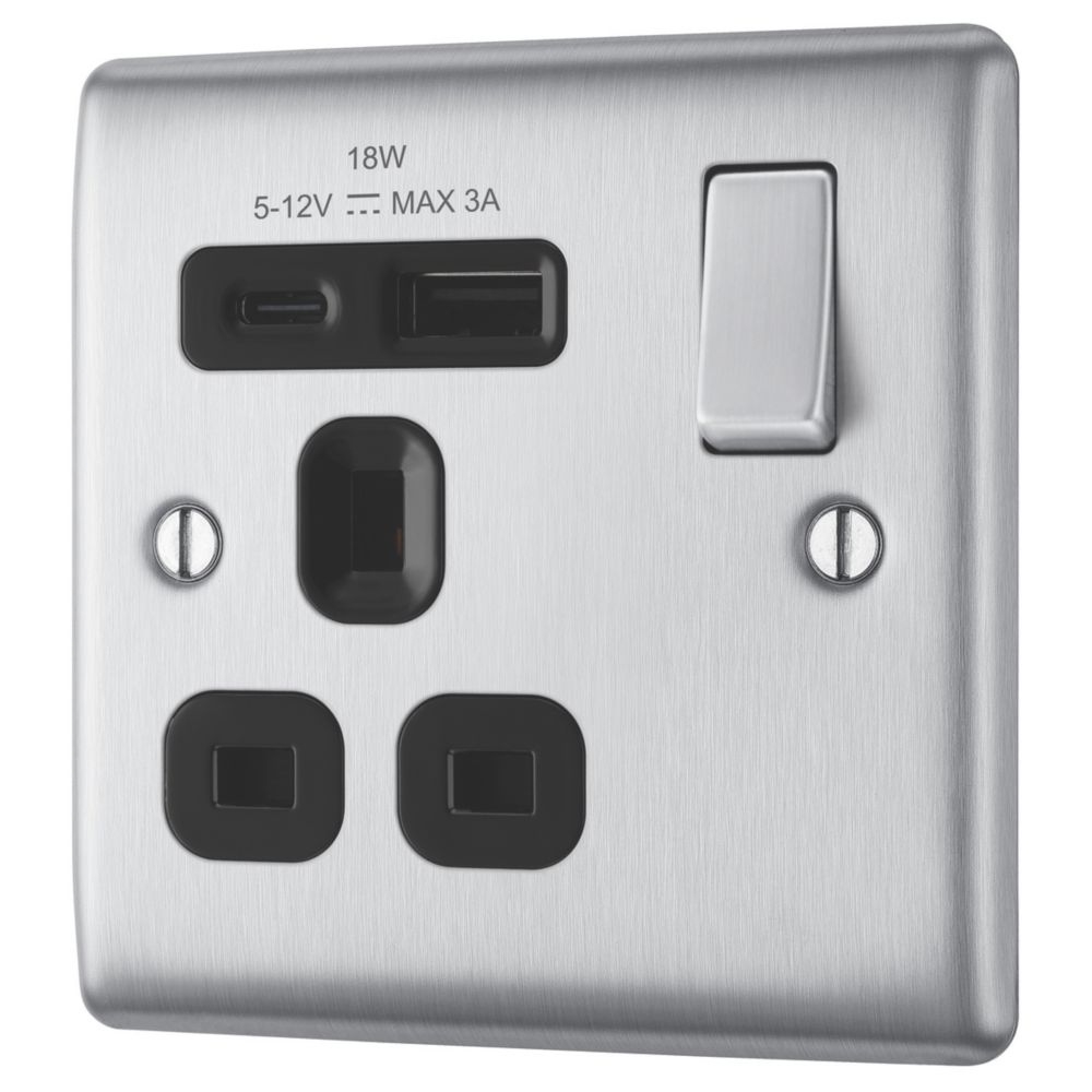 British General Nexus Metal 13A 1-Gang SP Switched Socket + 3A 18W 2 ...