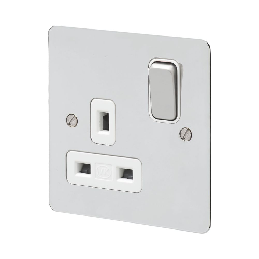 MK Edge 13A 1-Gang DP Switched Plug Socket Polished Chrome with White ...