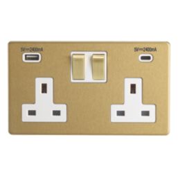 Contactum Lyric 13A 2-Gang DP Switched Socket + 4.8A 24W 2-Outlet Type A & C USB Charger Brushed ...