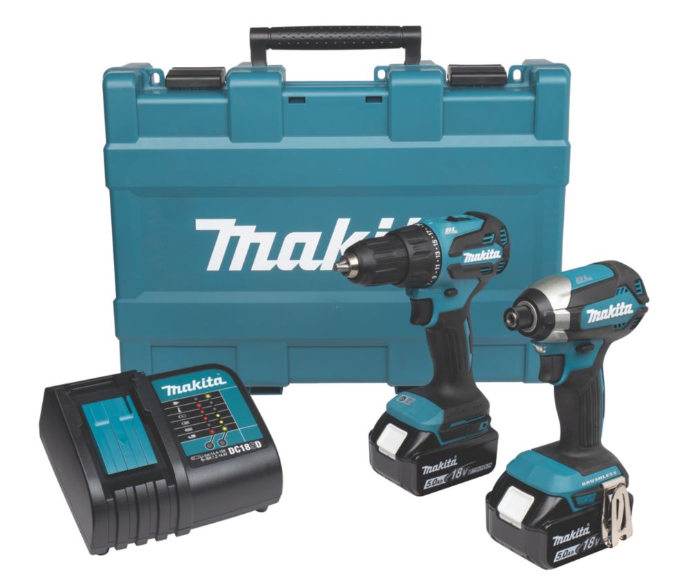 Makita DLX2537ST 18V 2 x 5Ah Li-Ion LXT Brushless Cordless Combi Drill & Impact Driver Twin Pack ...