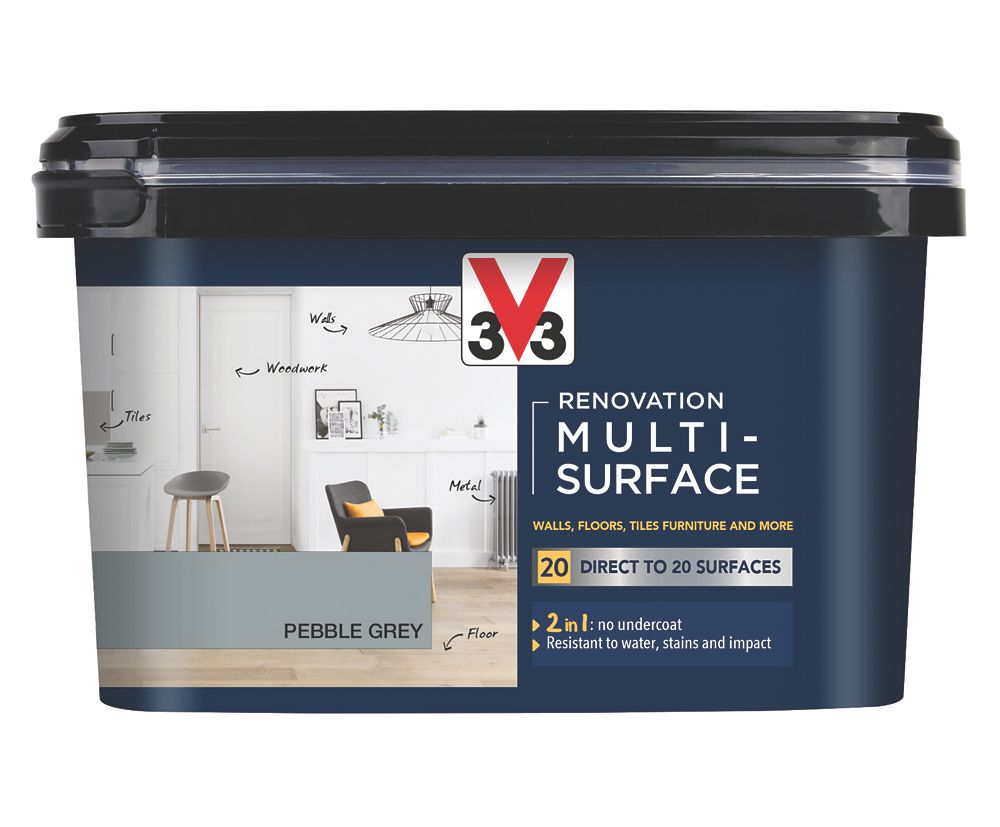 V33 2Ltr Pebble Grey Satin Acrylic Multi Surface Paint - Screwfix