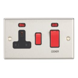 Contactum iConic 45A 2-Gang DP Cooker Switch & 13A DP Switched Socket Brushed Steel with Neon ...