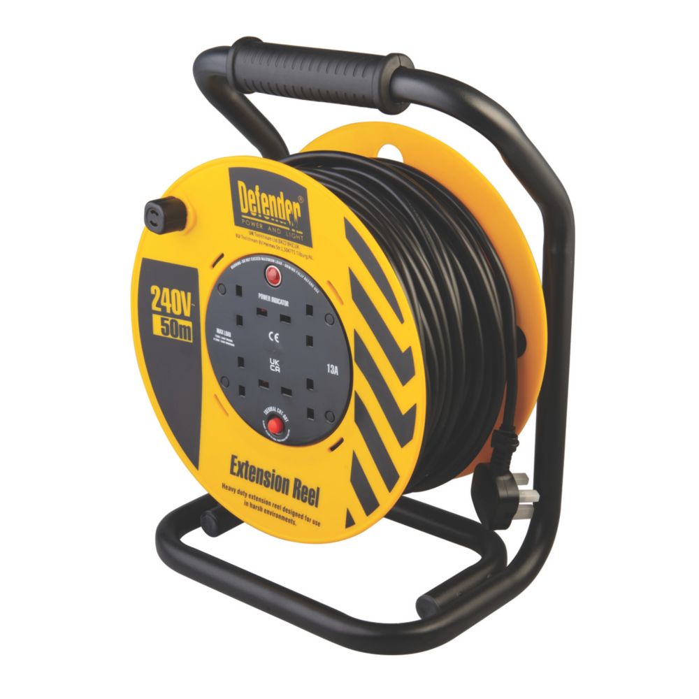 Defender E86515 13A 4-Gang 50m Cable Reel 240V - Screwfix