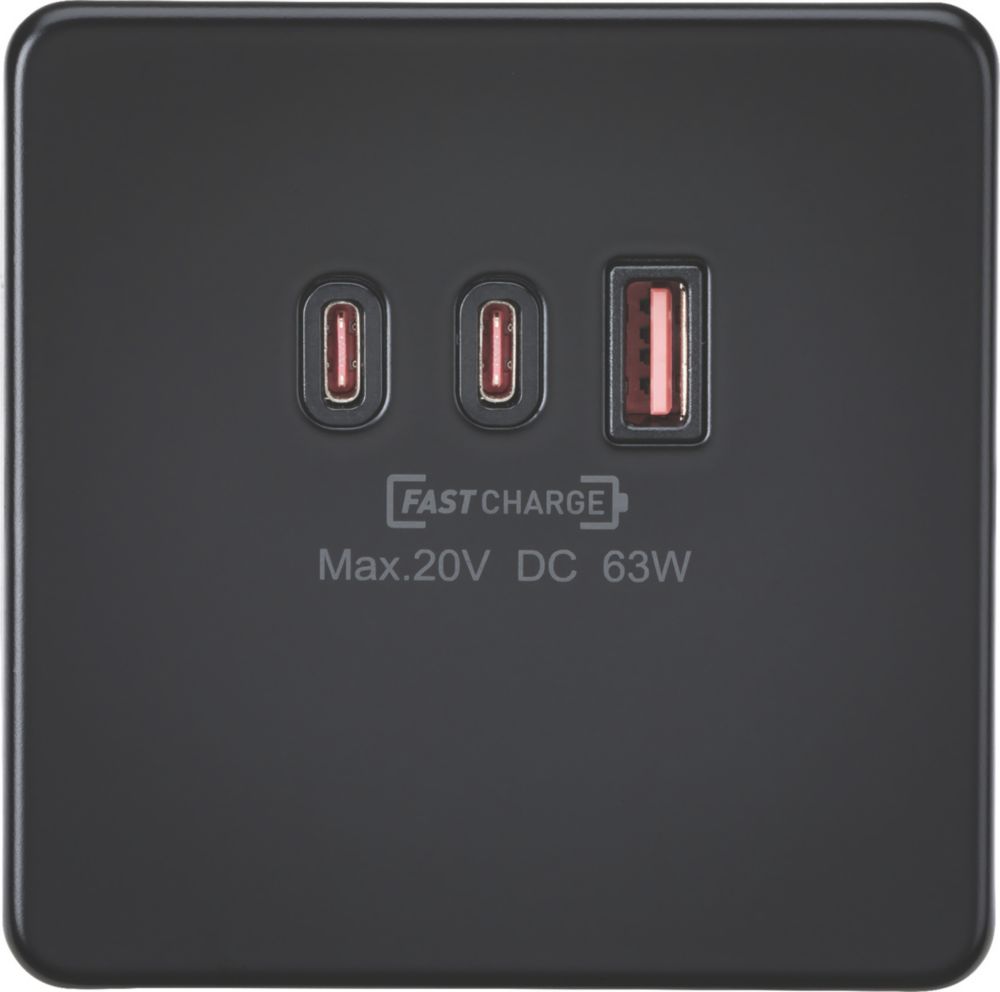 Knightsbridge 5A 63W 3-Outlet Type A & C USB Socket Matt Black with ...