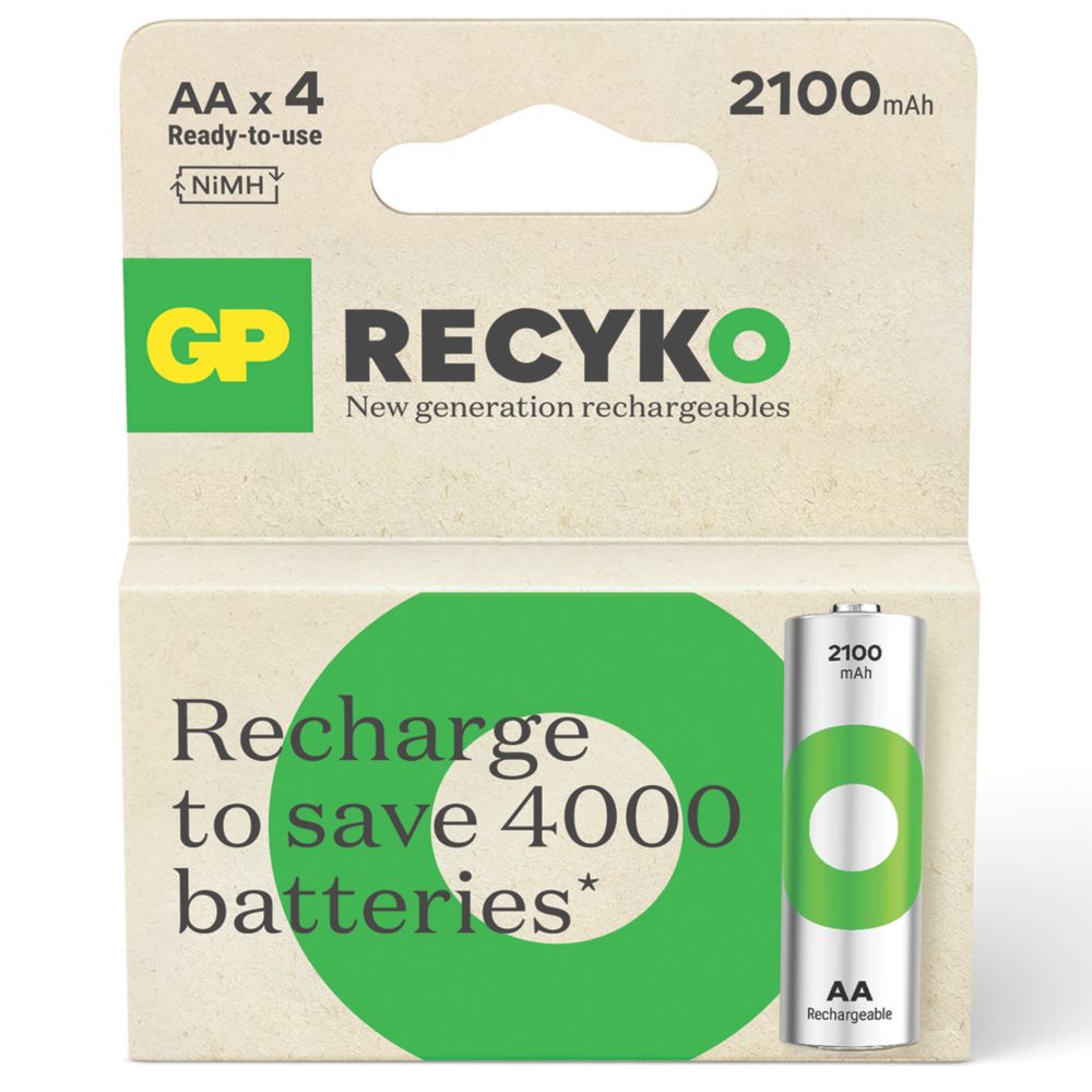 GP Batteries Recyko Rechargeable AA 1.2V Ni-MH Batteries 4 Pack - Screwfix