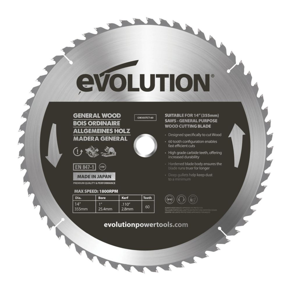 Evolution GW355TCT-60 Wood Circular Saw Blade 355mm x 25.4mm 60T - Screwfix
