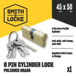 Smith & Locke 6-Pin Cylinder Lock 45-50 (95mm) Brass - Screwfix