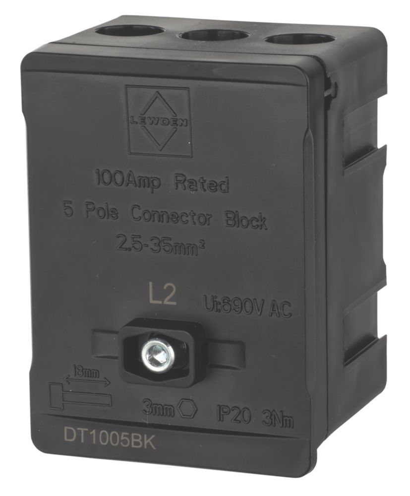 Lewden 100A 5-Way 2.5-35mm² Connector Block Black - Screwfix