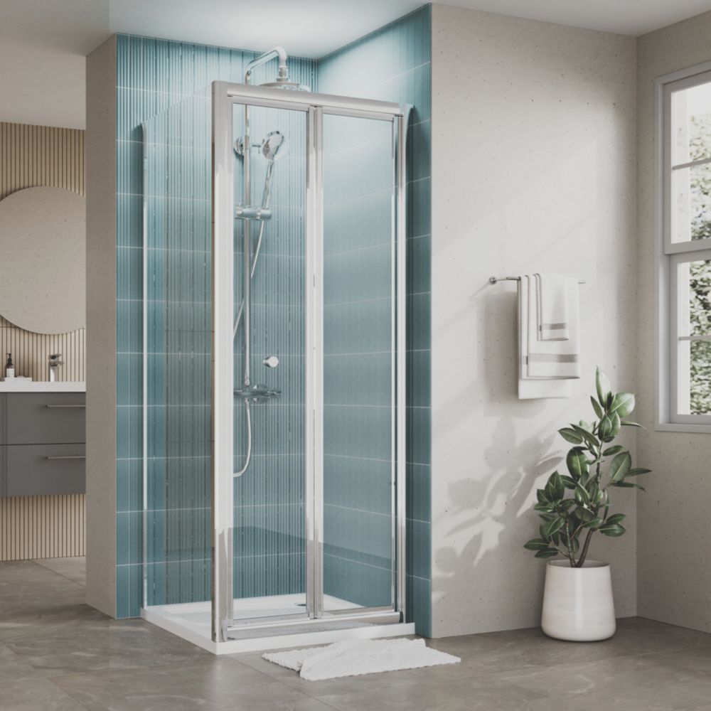 ETAL Framed Square Bi-Fold Door Shower Enclosure & Tray Chrome 890mm x ...