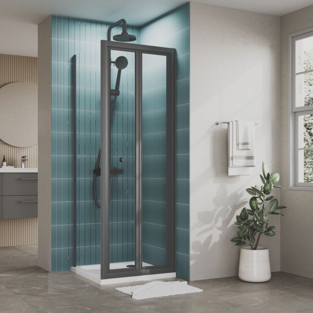 ETAL Framed Square Bi-Fold Door Shower Enclosure & Tray Matt Black 690mm x 690mm x 1940mm - Screwfix
