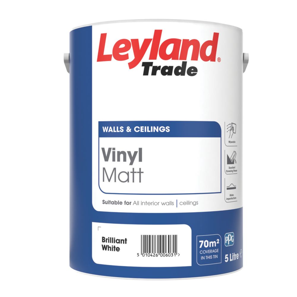 Leyland Trade 5Ltr Brilliant White Vinyl Matt Emulsion Wall Paint ...