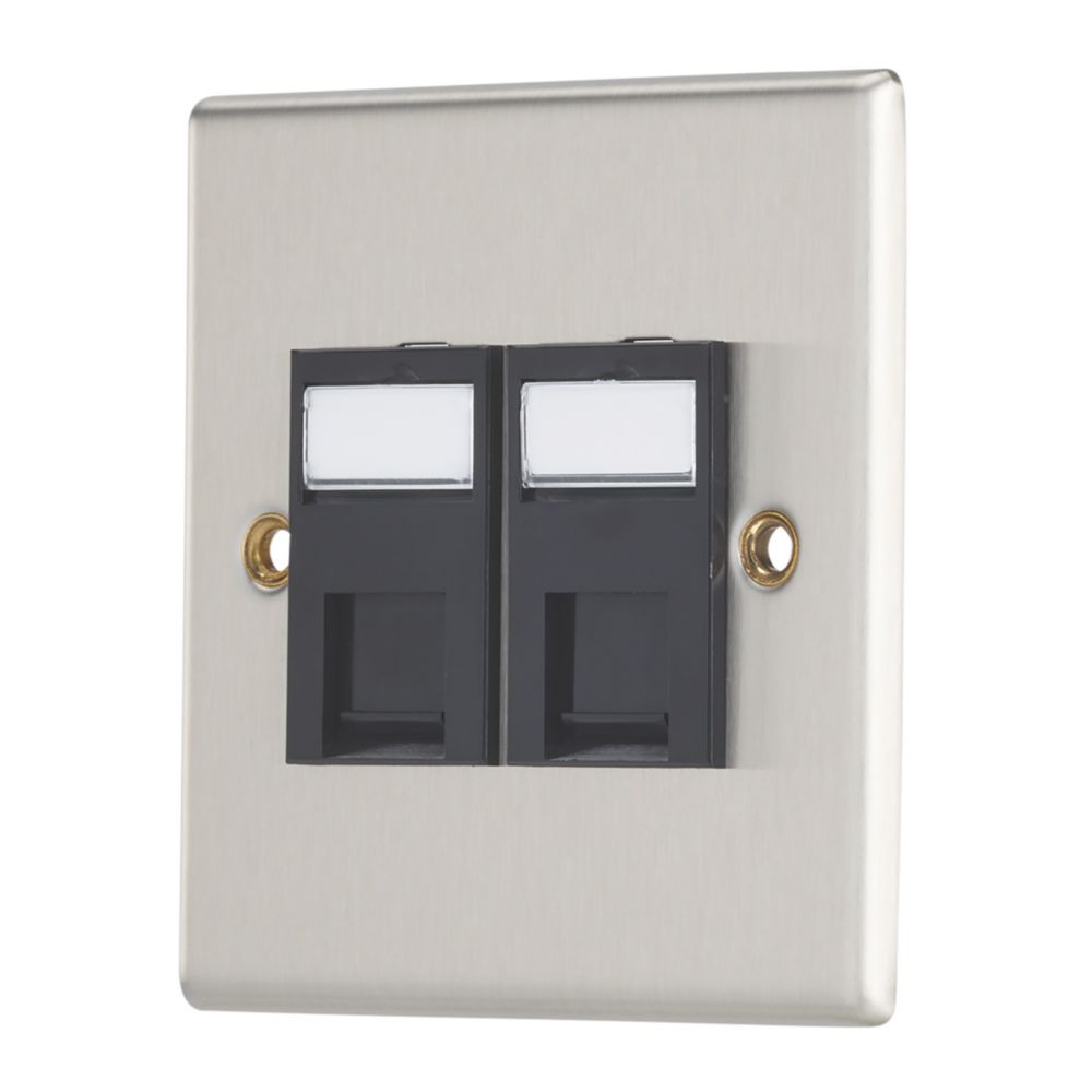 Contactum iConic 2-Gang Double RJ45 Ethernet Socket Brushed Steel with ...