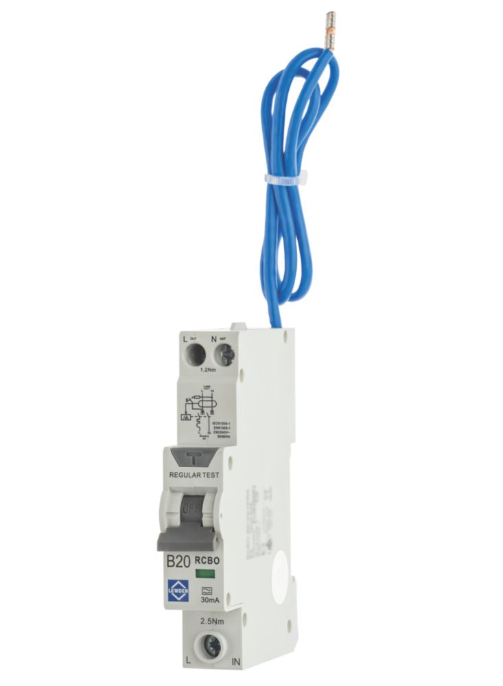 Lewden 20A 30mA Type A 1+N B Curve Compact RCBO - Screwfix