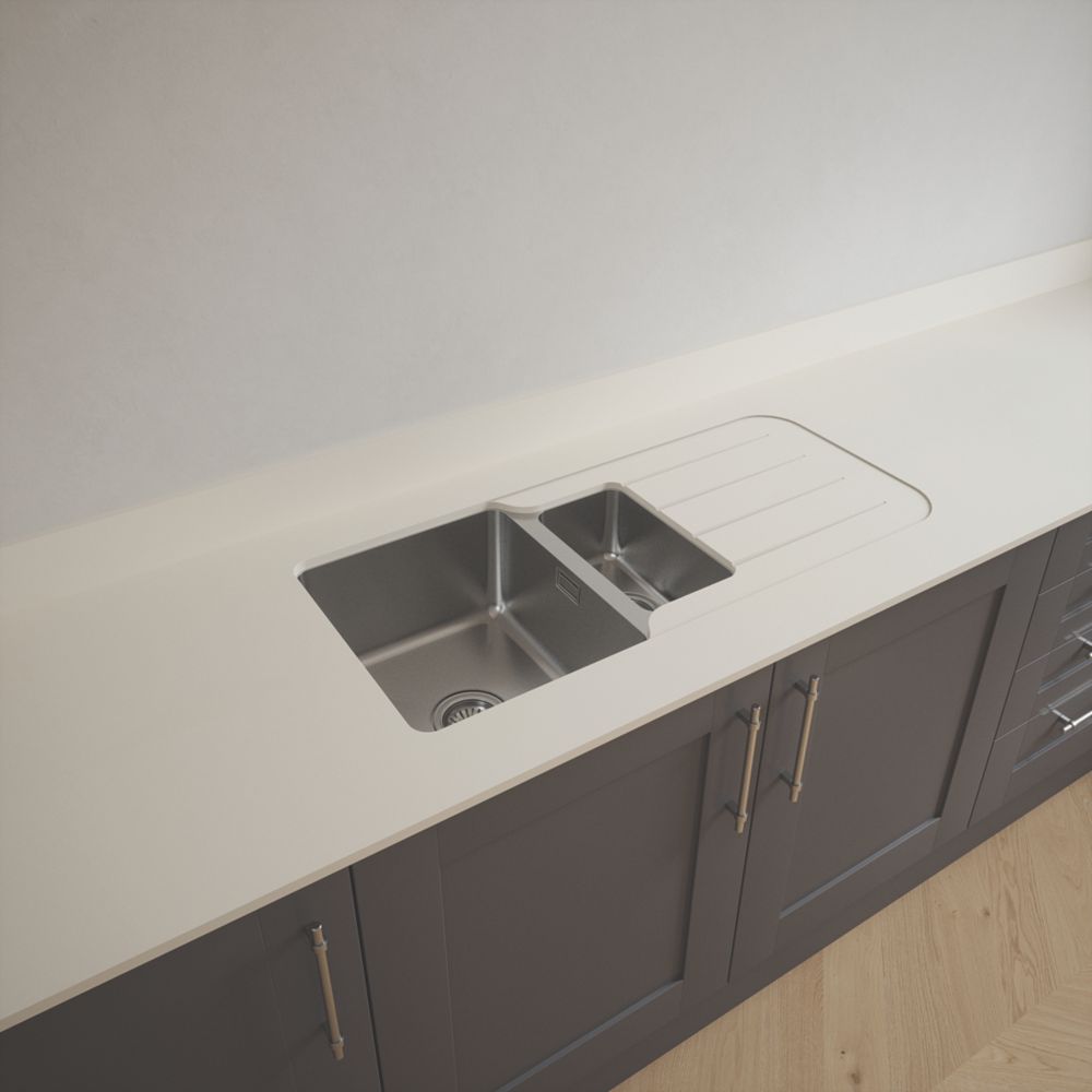 Metis White Kitchen Worktop with 1.5 Bowl Stainless Steel Sink 3050mm x ...