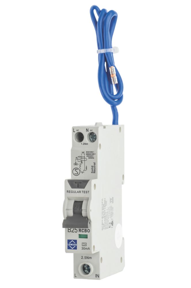 Lewden 25A 30mA Type A 1P+N B Curve RCBO - Screwfix