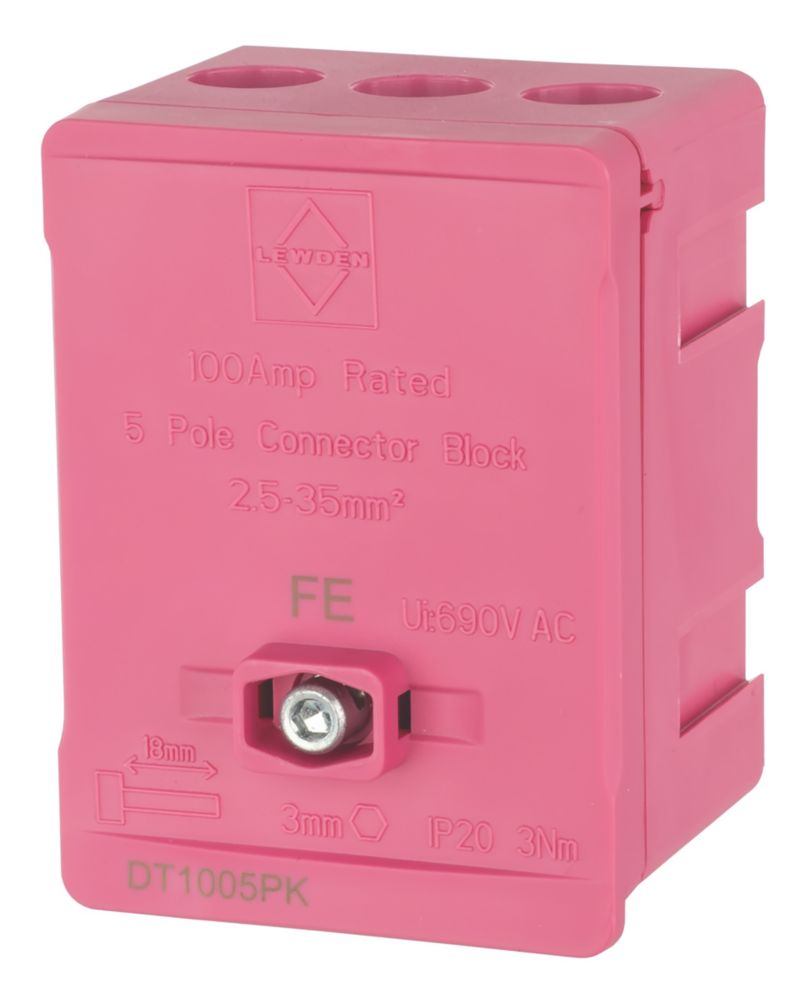 Lewden 100A 5-Way 2.5-35mm² Connector Block Pink - Screwfix