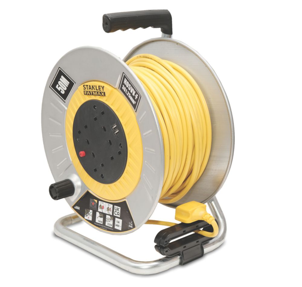 Stanley 13A 4-Gang 50m FatMax Cable Reel + 2.1A 2-Outlet Type A USB ...