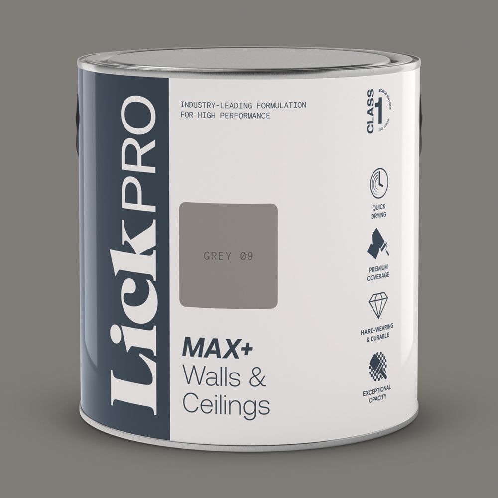 LickPro Max+ 2.5Ltr Grey 09 Matt Emulsion Paint - Screwfix