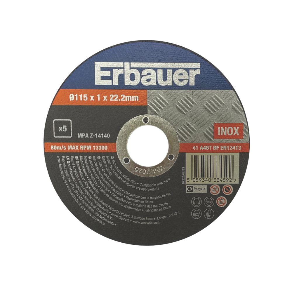 Erbauer Metal Cutting Discs 115mm (4 1/2") x 22.2mm 5 Pack - Screwfix