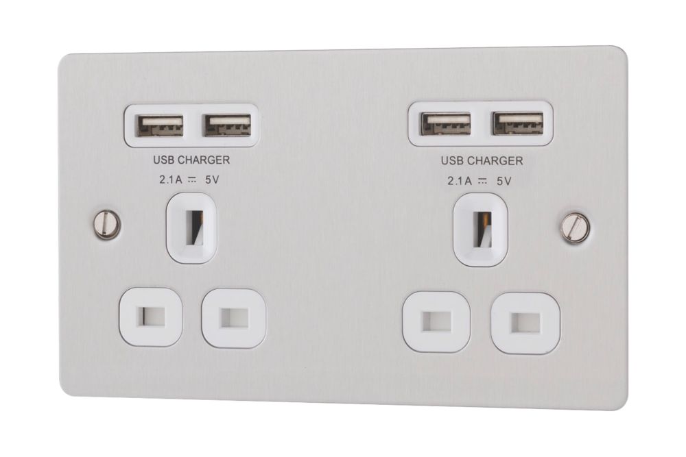 LAP 13A 2-Gang Unswitched Socket + 4.2A 4-Outlet USB Charger Brushed ...
