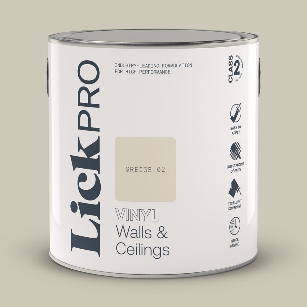 LickPro 2.5Ltr Greige 02 Vinyl Matt Emulsion Paint - Screwfix