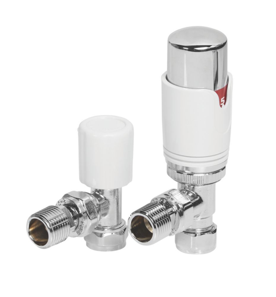 Towelrads White Angled Thermostatic TRV & Lockshield 15mm x 1/2" - Screwfix