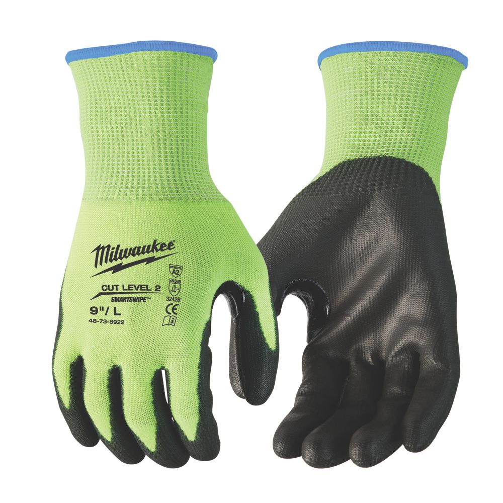 Milwaukee Hi-Vis Cut Level 2/B Gloves Fluorescent Yellow X Large - Screwfix