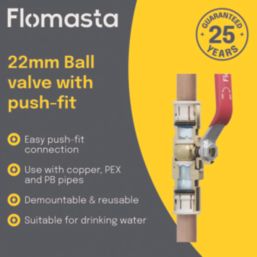 Flomasta Push-Fit Full Bore 22mm Ball Valve with Red Handle - Screwfix
