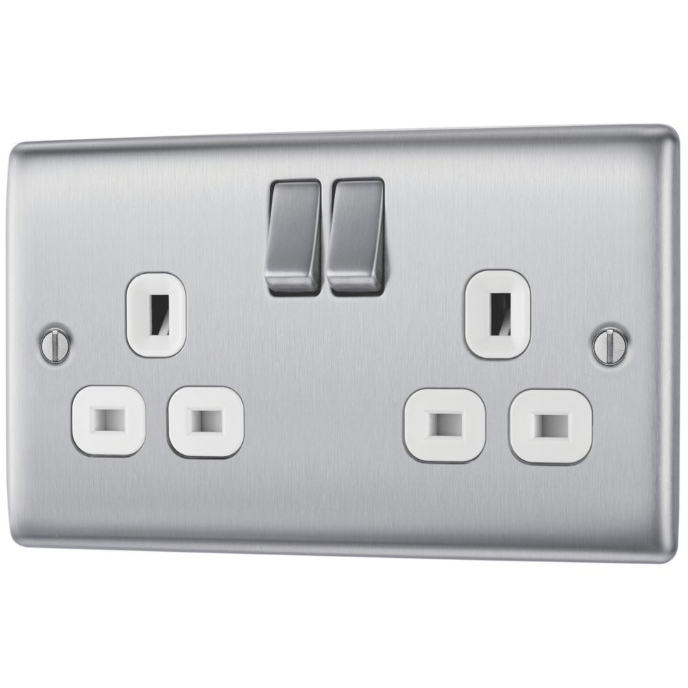 British General Nexus Metal 13A 2-Gang SP Switched Power Socket Brushed ...