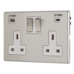 Contactum Lyric 13A 2-Gang DP Switched Socket + 4.8A 24W 2-Outlet Type A & C USB Charger Brushed ...