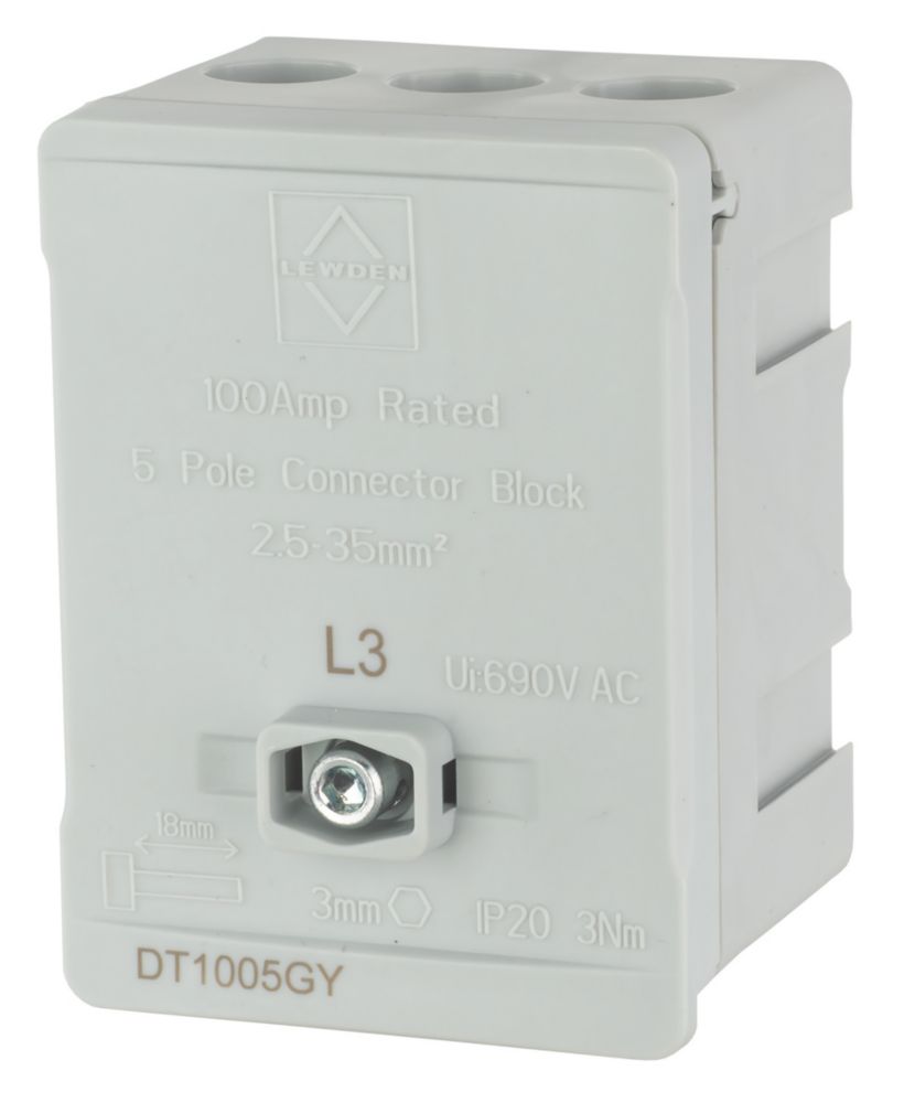 Lewden 100A 5-Way 2.5-35mm² Connector Block Grey - Screwfix