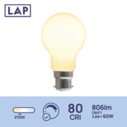 LAP B22 A60 LED Light Bulb Milky 806lm 3.8W 2 Pack - Screwfix