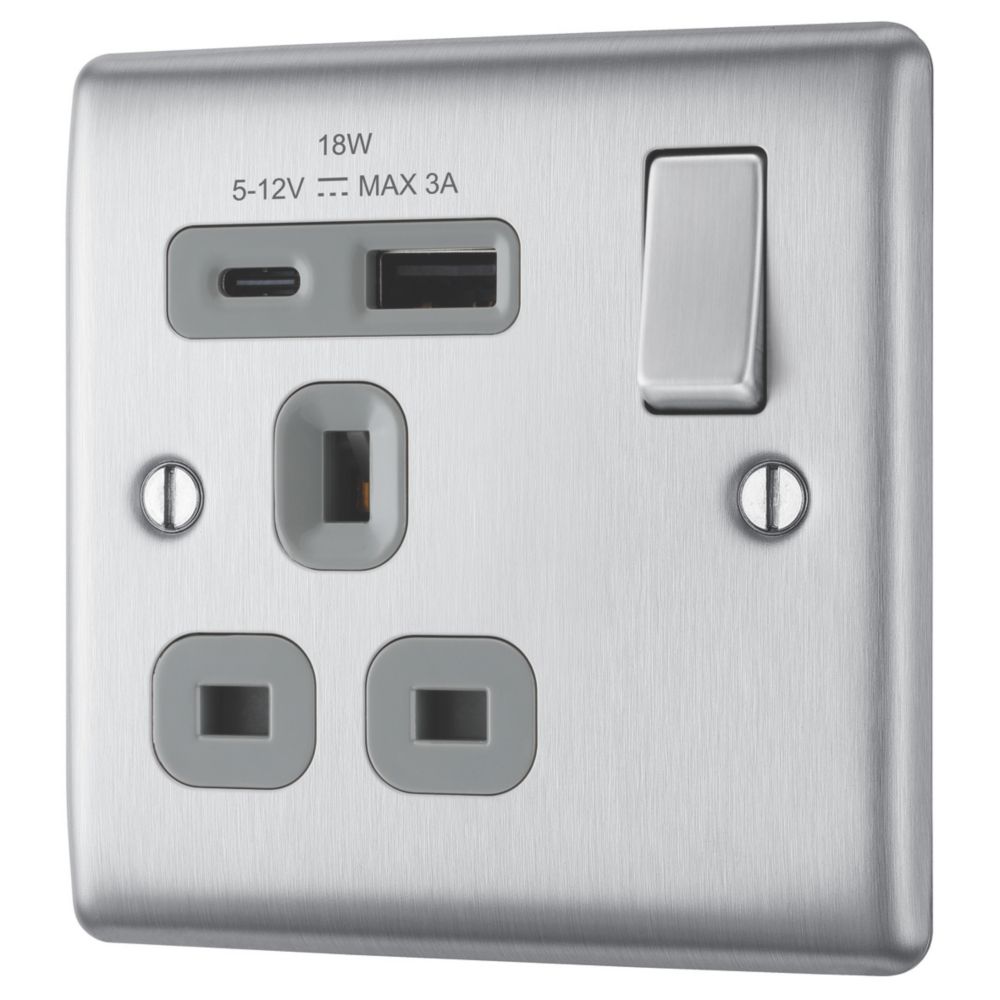 British General Nexus Metal 13A 1-Gang SP Switched Socket + 3A 18W 2 ...