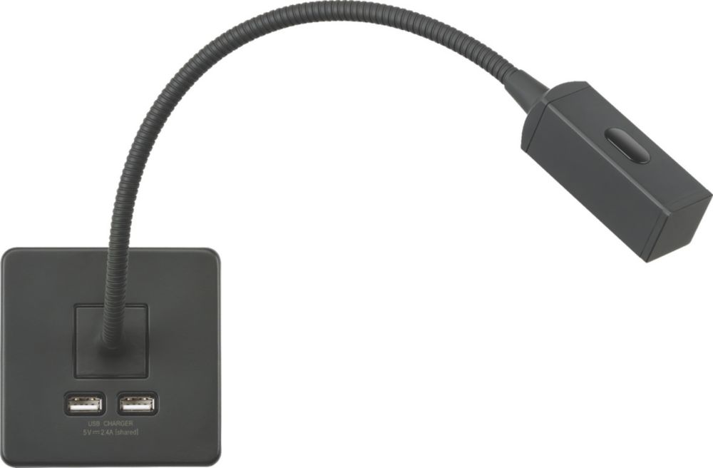 Knightsbridge LED Reading Light Anthracite 2W 55lm + 2.4A 2-Outlet Type ...