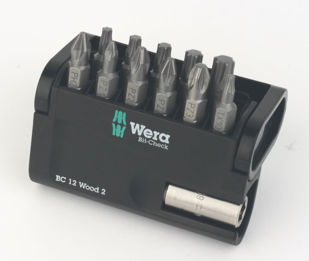 Wera Bit-Check 12 Wood 2 1/4" Hex Shank Mixed Bit Set 12 Pieces - Screwfix