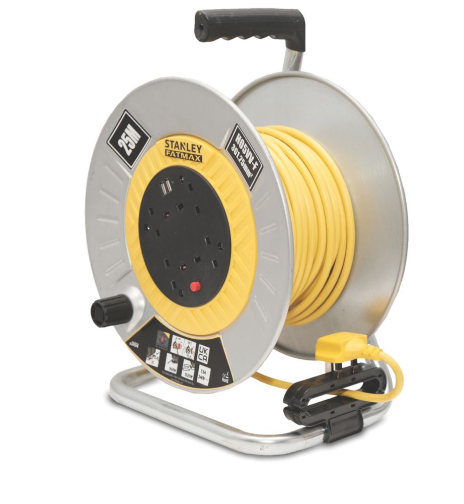 Stanley 13A 4-Gang 25m FatMax Cable Reel + 2.1A 2-Outlet Type A USB ...