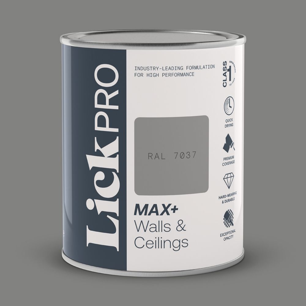 LickPro Max+ 1Ltr Grey RAL 7037 Matt Emulsion Paint - Screwfix