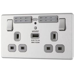 LAP 13A 2 Gang SP Switched Wi Fi Extender Socket 2.1A 10.5W 1 Outlet Type A USB Charger Brushed Stainless Steel with Graphite Inserts Screwfix