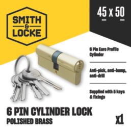 Smith & Locke 6-Pin Cylinder Lock 40-50 (90mm) Brass - Screwfix