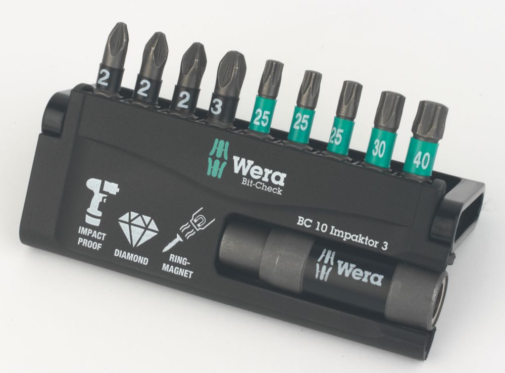 Wera Bit-Check 10 Impaktor 3 1/4" Hex Shank Mixed Bit Set 10 Pieces ...