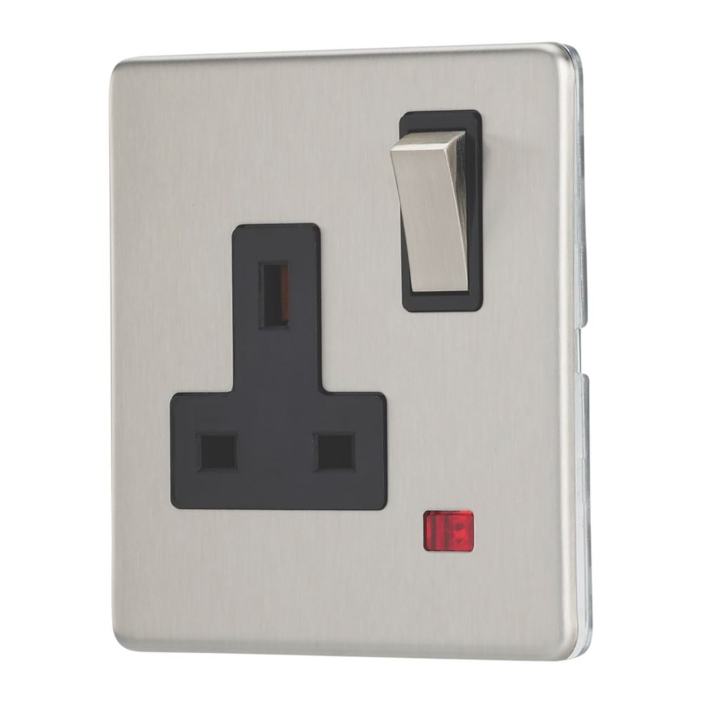 Contactum Lyric 13A 1-Gang DP Switched Socket Outlet Brushed Steel with Neon with Black Inserts ...