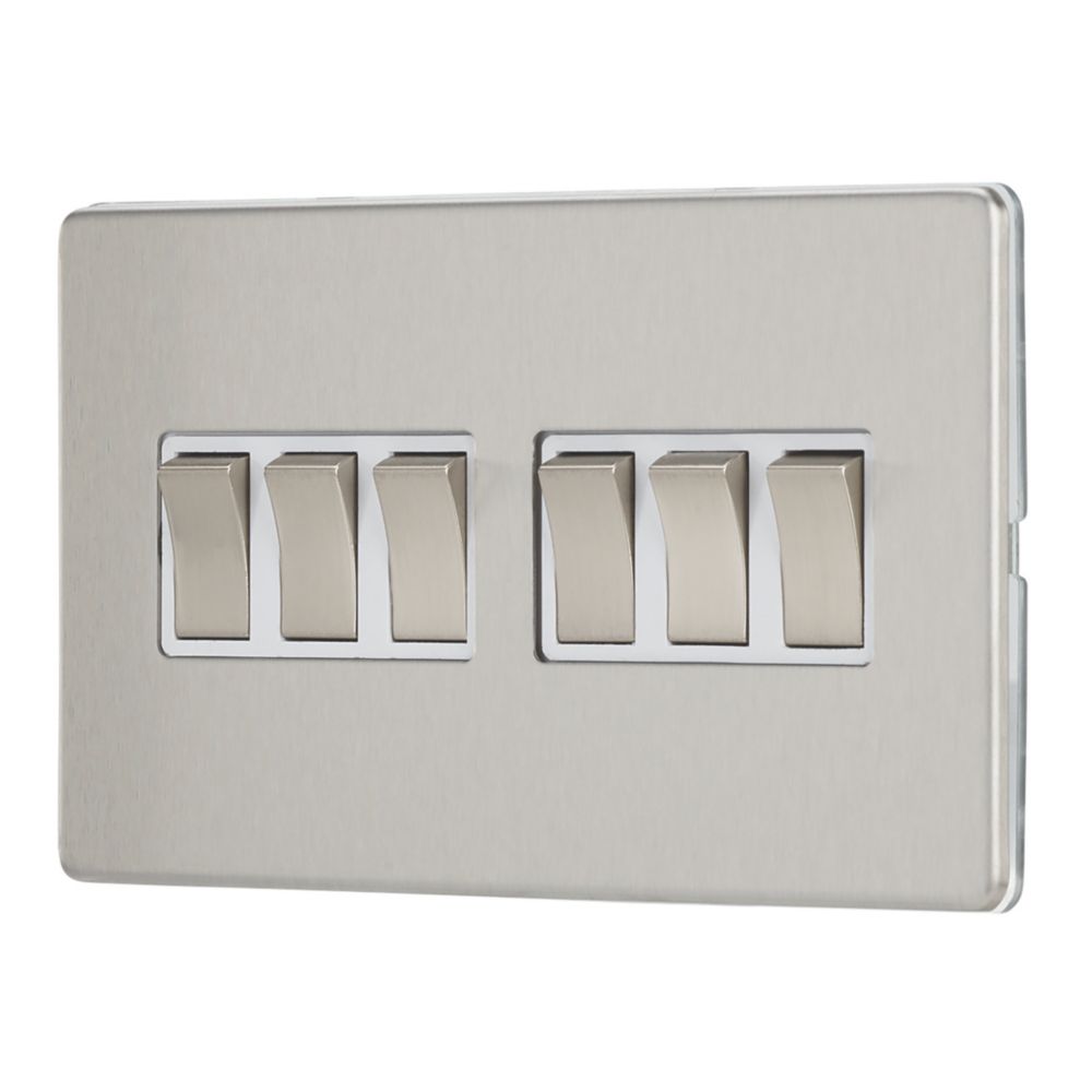 Contactum Lyric 10AX 6-Gang 2-Way Light Switch Brushed Steel with White ...
