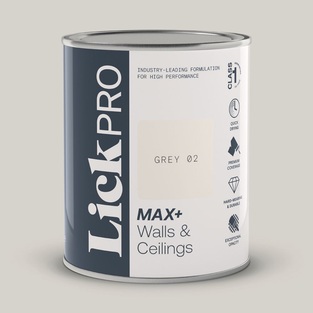 LickPro Max+ 1Ltr Grey 02 Matt Emulsion Paint - Screwfix