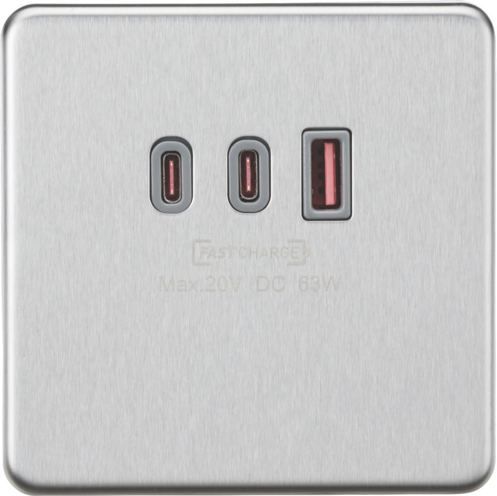 Knightsbridge 5A 63W 3-Outlet Type A & C USB Socket Brushed Chrome with ...