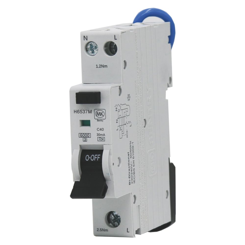 MK Sentry 40A 30mA Type A 2-Pole C Curve Bi-Directional Miniature RCBO ...