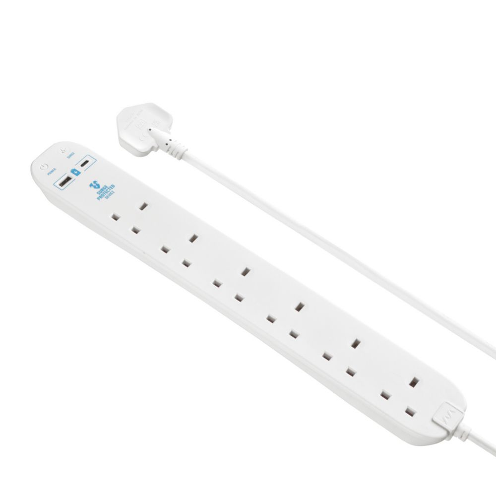 Masterplug 13A 6-Gang Unswitched Surge-Protected Extension Lead + 2.1A ...