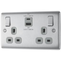 British General Nexus Metal 13A 2-Gang SP Switched Socket + 3A 45W 2 ...